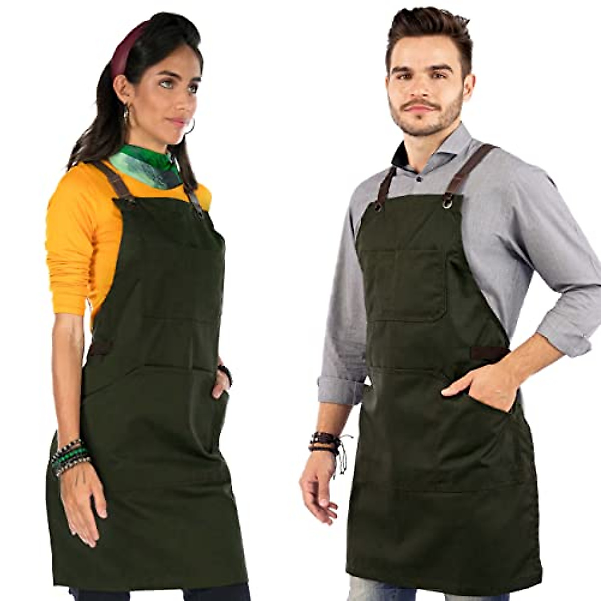 Under NY Sky Essential Army Green Apron – Cross-Back with Durable Twill and Leather Reinforcement – Adjustable for Men and Women – Pro Chef, Tattoo Artist, Baker, Barista, Bartender, Server Aprons