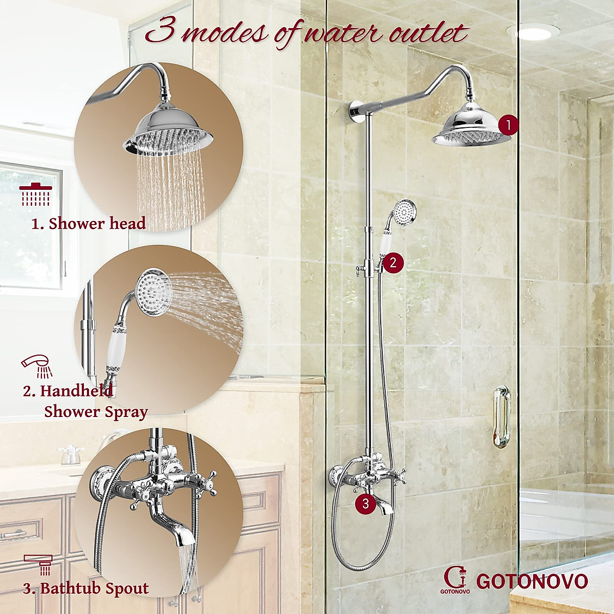 gotonovo Exposed Shower System Set Polish Chrome 8 Rain Shower Faucet 2 Double Knobs Handle Triple Function Tub Spout Luxry Shower Fixture Combo Unit Set 12 Inch Extension Tube Included