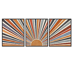 Sun Rays Print Boho Wall Decor Mid Century Modern Geometric Sunshine Wall Art Abstract Sun Boho Print Nursery Blue Orange Decor Set Of 3 UNFRAMED 11X14INCH