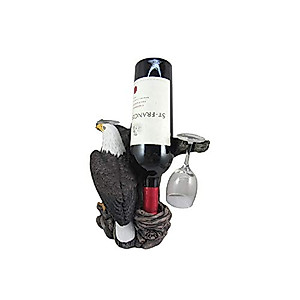 DWK "Liberation & Libations Bald Eagle Wine Bottle Holder with Wine Glasses (3 Piece Set) | Kitchen Accessories and Wine Bar Decor | Tabletop Wine Rack - 10"