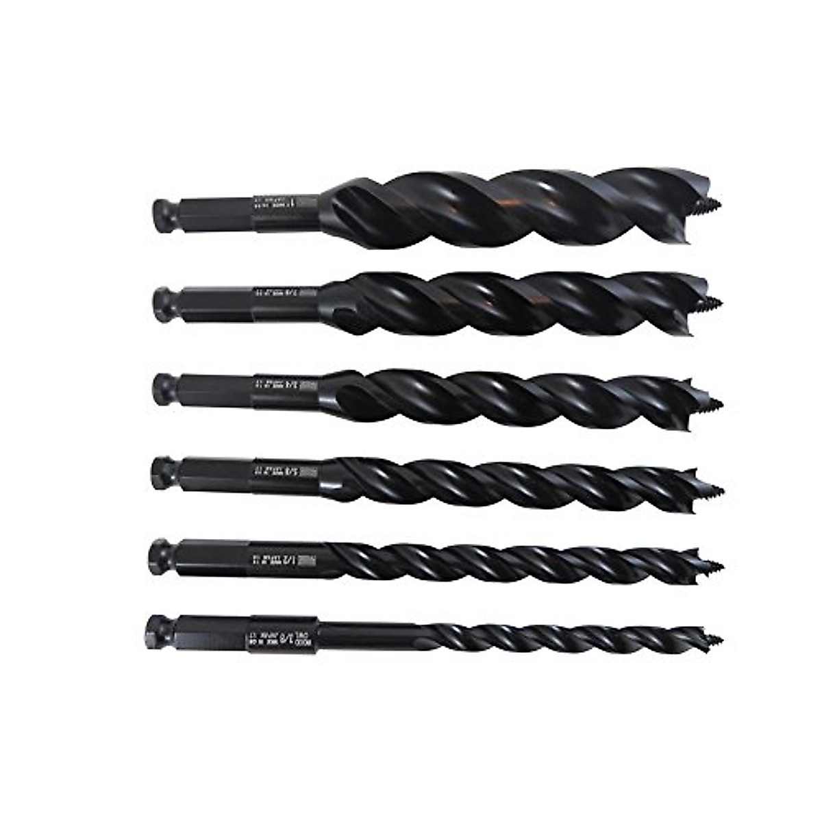 WoodOwl 6 Piece Set with 3/8", 1/2”, 5/8", 3/4”, 7/8" and 1” x 7-1/2” Long Ultra Smooth Tri Cut Auger Hand Brace Boring Bit PTEE coated 09703-09713