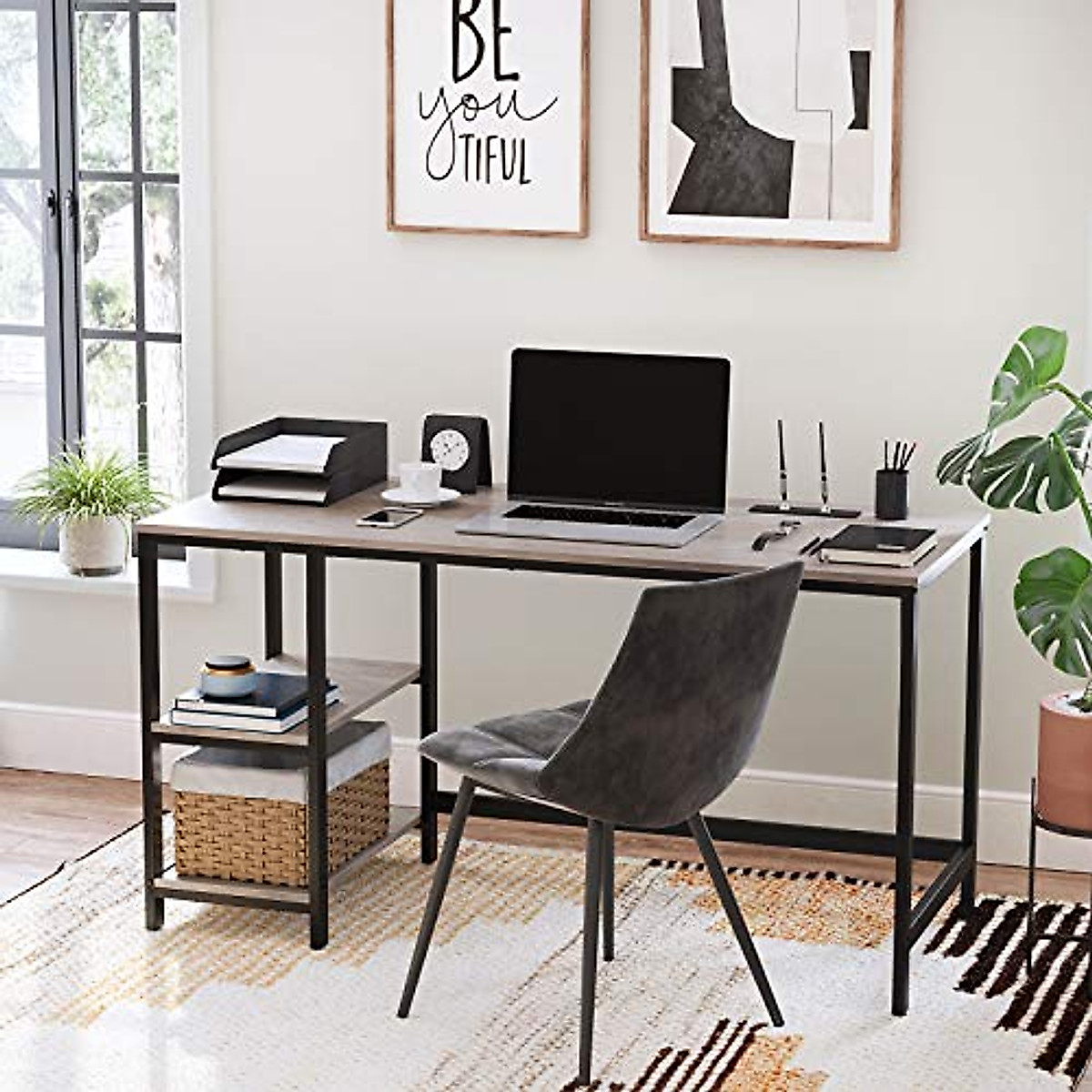 VASAGLE Computer Desk, 55.1-Inch Wide Home Office Desk for Study, Writing Desk with 2 Shelves on Left or Right, Steel Frame, Industrial, Greige and Black ULWD55MB