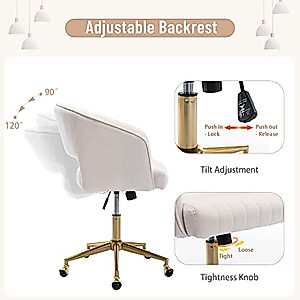 ABET Desk Chair with Wheels, Velvet Home Office Chair, Swivel Armchair with Gold Base, Upholstered Modern Accent Chairs, Back Incline Adjustable for Vanity Living Room Bedroom, Off-White Cream