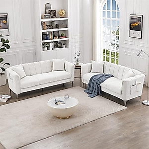 HOSTACK Modern Chenille Sofa, 77" Upholstered Couch with 2 Bolster Pillows and Armrest Bags, 3-Seat Sofa for Living Room, Bedroom, Office, Apartment, Dorm, Off White