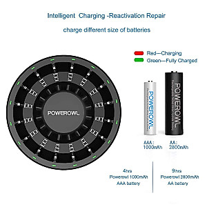 POWEROWL 16 Bay AA AAA Battery Charger (Updated, High Speed Charging) with Smart LED Light and Plug, Rechargeable AA Batteries 2800mAh -12 Count, for Solar Garden Lights, Battery String Lights, Outdoo