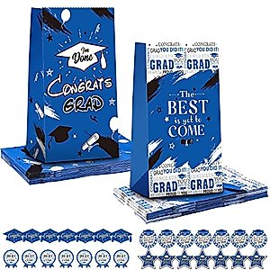 Teling 28 Pieces Graduation Gift Paper Bags with Stickers, Congrats Graduates Party Candy Treat Bags the Best Is Get to Come Goodie Favor Bags for Graduation Party Decorations Supplies (Blue)