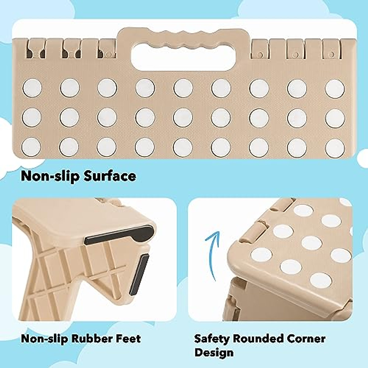 ACKO Folding Step Stool 9 Inch Step Stool 300 lb Capacity Plastic Foldable Step Stools for Kids and Adults, Folding Stool Suitable for Kitchen, Stepping Stool with Handle Khaki Small Step Stool 1PC