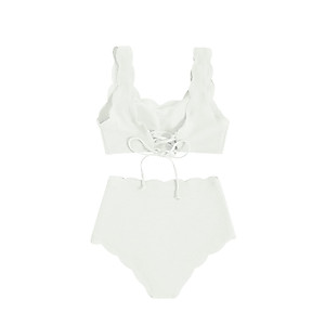 SweatyRocks Women's 2 Pieces Swimsuit High Waist Scalloped Trim Lace Up Bikini Set Plain White L