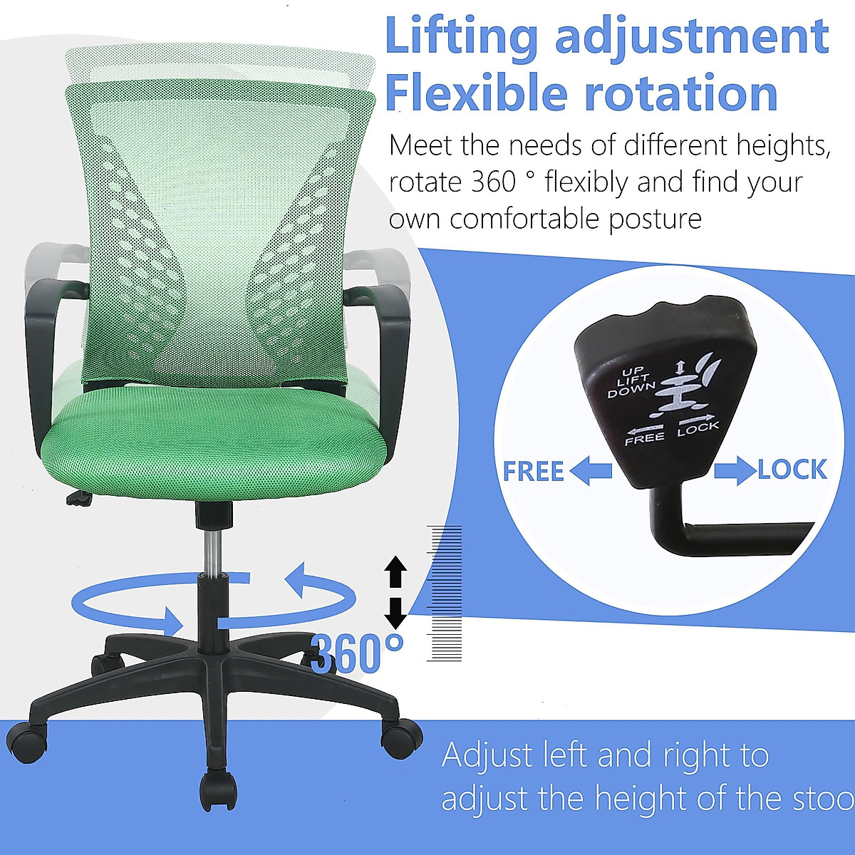 PayLessHere Office Chair Desk Chair Computer Chair Ergonomic Chair Adjustable Executive Mesh Mid Back with 360 Degree Swivel Wheels Lumbar Support Armrest, Green