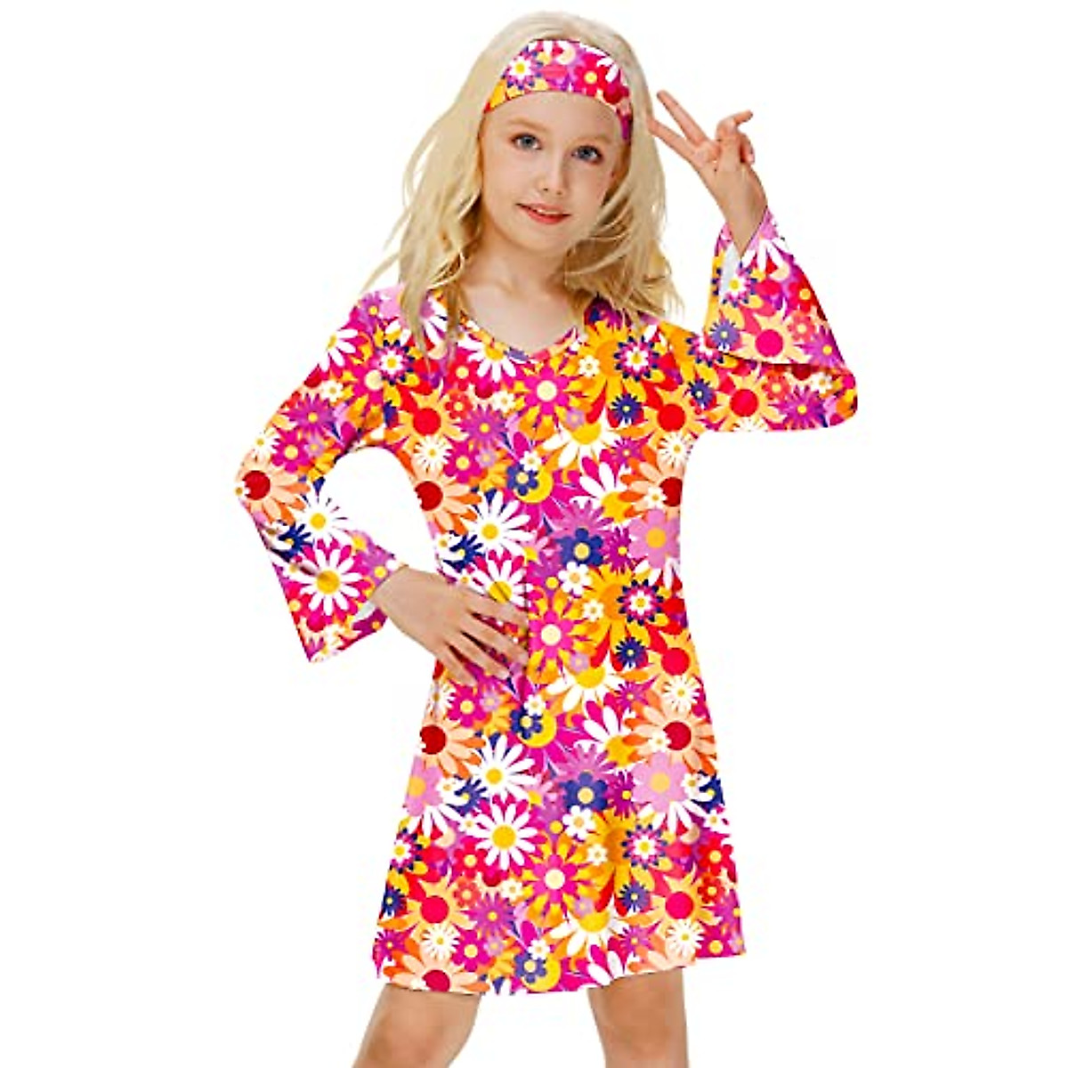 60s Dress 70s Hippie Halloween Pink Floral Long Sleeve Gogo Dresses Pink 7-8 Years