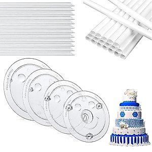 EBOCACB Smiley Plastic Cake Dowel Rods Set，12 Pcs White Plastic Cake Dowel Rods,12 Pcs Clear Cake Stacking and 4 Pcs Smiley Cake Separator Plates for 4, 6, 8, 10 Inch Cakes