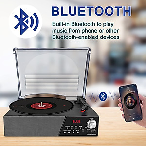 HONGUT Record Player, 3 Speed Turntable Vinyl Record Player with Bluetooth Speaker, MP3 Player Portable LP Vinyl Player with FM Stereo Radio, Vinyl to MP3 Recording Phonograph Player, Black