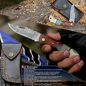 Back Lock Handmade Folding knifeBack Lock Pocket knife Damascus Steel Blade Back Lock Camel Bone Handle Leather Sheath BW-5173