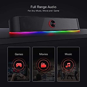 Redragon GS560 RGB Desktop Soundbar, 2.0 Channel Computer Speaker with Dynamic Lighting Bar Audio-Light Sync/Display, Touch-Control Backlit with Volume Knob, USB Powered w/ 3.5mm Cable, Black