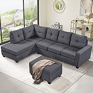 UBGO Living Room Furniture Sets,108" Reversible Sectional, L-shape Couch with Ottoman&Extra Wide Chaise Longue,Upholstered Modular Sofa with Two Cup Holders,for Large Space Apartments-Gray, Grey D