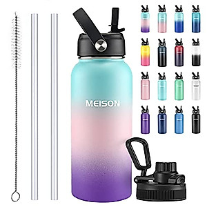 Insulated Water Bottle With Straw 32oz, Sports Water Bottle 1 Liter, Reusable Wide Mouth Vacuum 18/8 Stainless Steel Thermos Flask, Double Wall, BPA-Free (Hydrangea, 32oz)