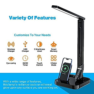 Ambertronix LED Desk Lamp, Patented Vertical Wireless Charger, 14W, 530 Lumens, Table Lamp with USB Charging Port, Dimmable Eye-Caring, 5 Brightness & 4 Light Modes, Touch Control, Auto Timer