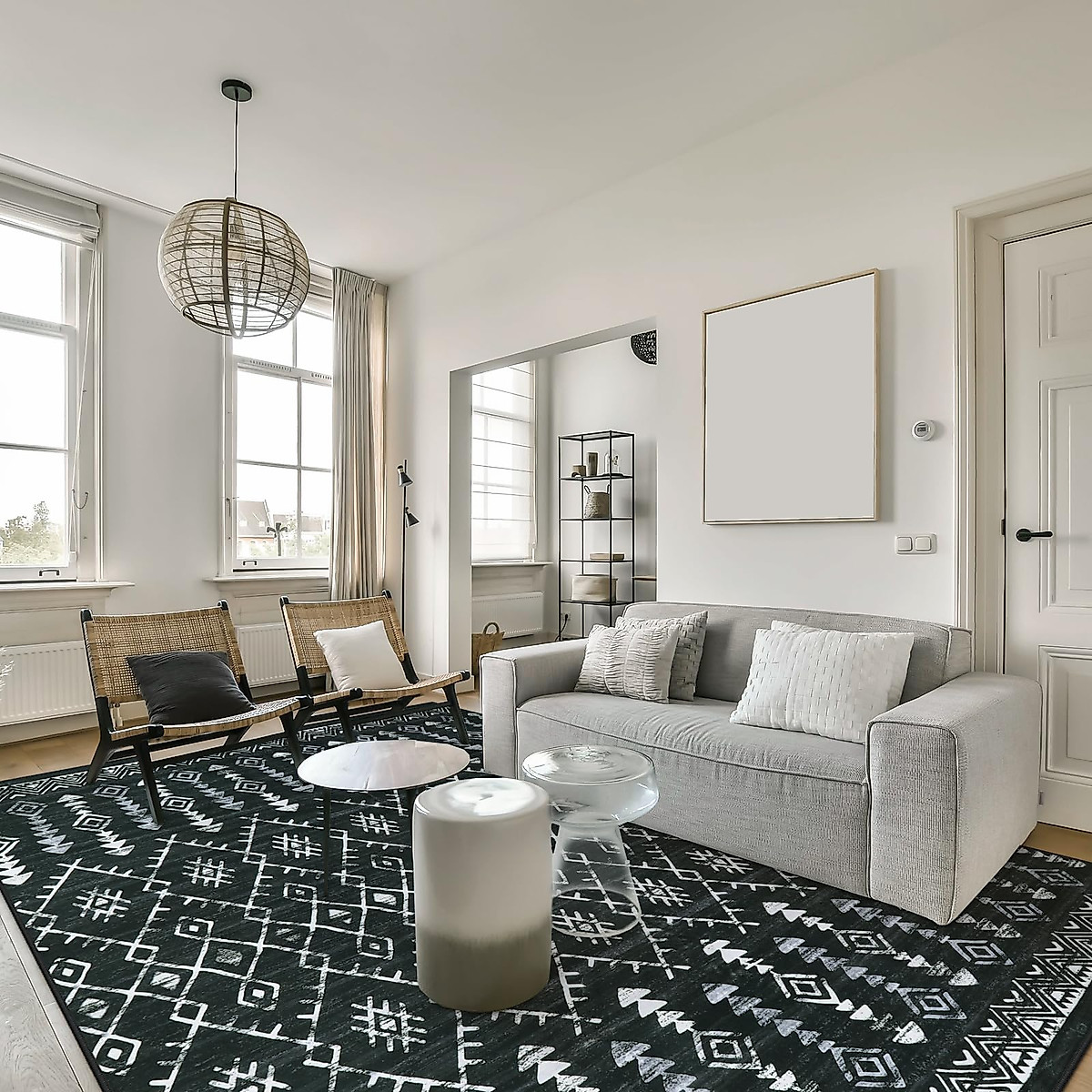 Morebes 8x10 Washable Rug for Living Room, Moroccan Large Bedroom Area Rug Non Slip, Soft Geometric Rug Indoor Floor Carpet for Dining Room Farmhouse Office, Black