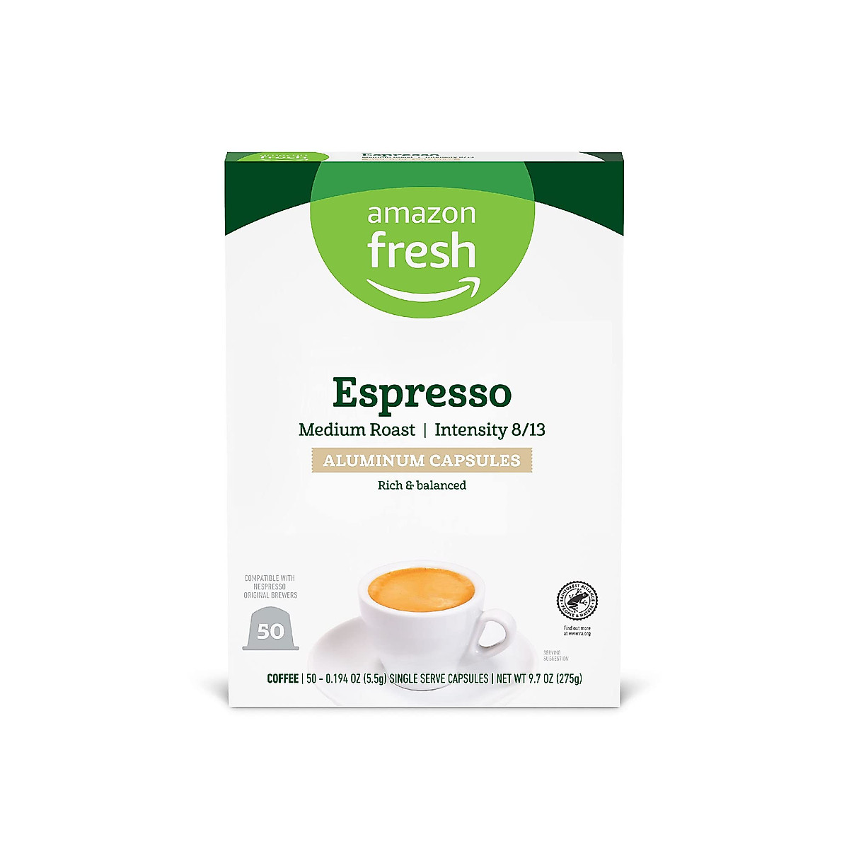 Amazon Fresh Espresso Medium Roast Aluminum Capsules, Compatible with Nespresso Original Brewers, Intensity 8/13, 50 Count (5 Packs of 10)