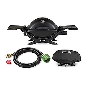 Weber Q1200 Liquid Propane Grill (Black) Bundle with Adapter Hose and Grill Cover (3 Items)