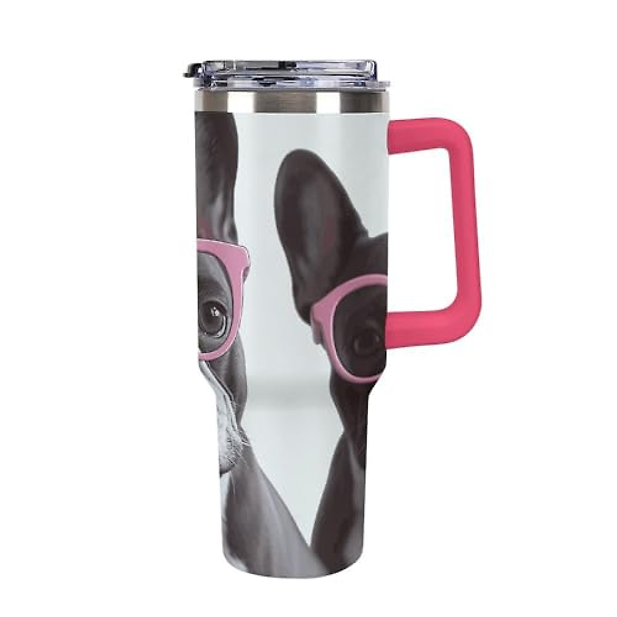 40 Oz Vacuum Tumbler with Light Rose Red Handle Leakproof Insulated Tumbler French Bulldog Pink Glasses Stainless Steel Travel Mug with Lid And Straw Coffee Cup Cute Water Bottles Cup Holder Friendly