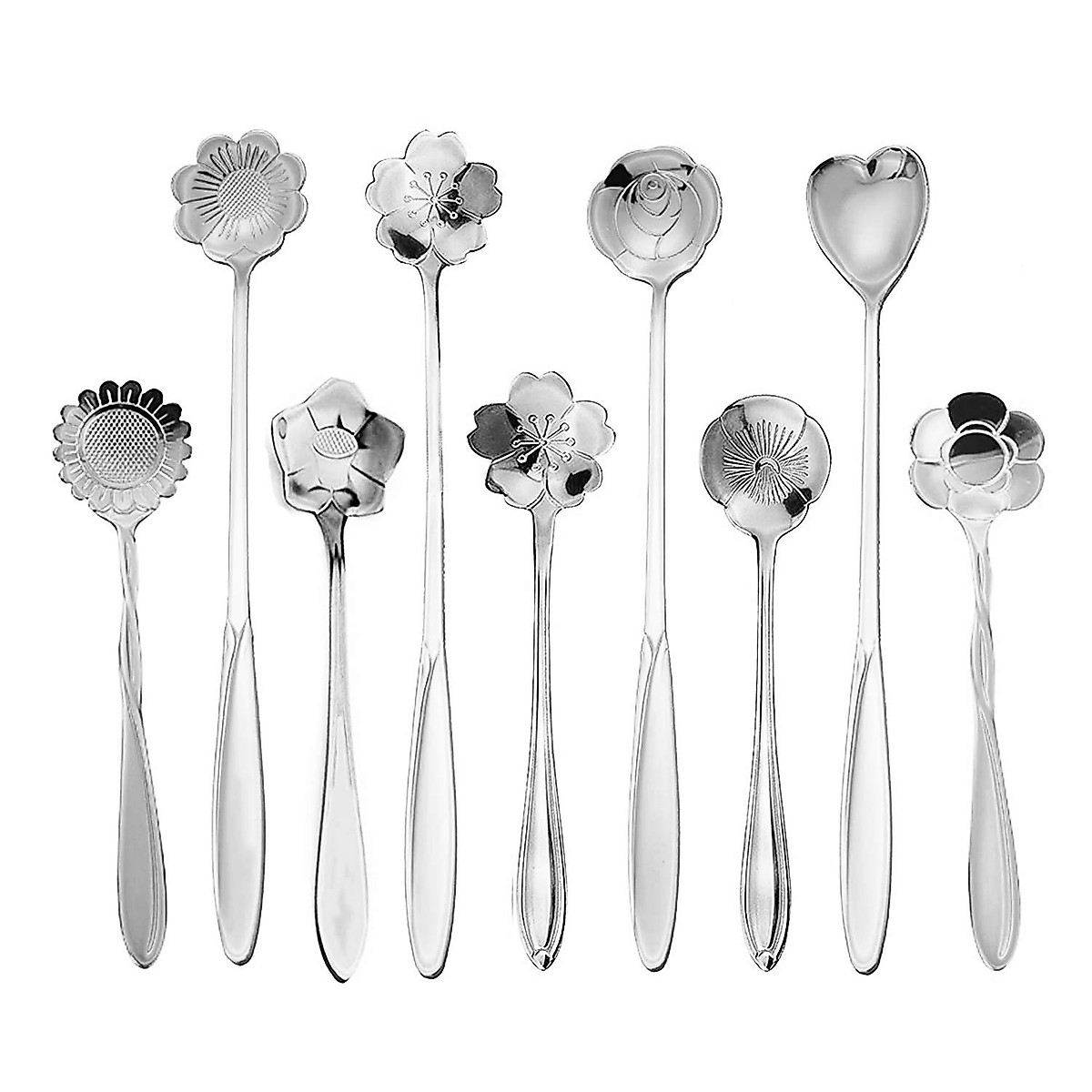 9 Pcs Flower Spoon Coffee Teaspoon Set, ESRISE Stainless Steel Tea Spoon essert Spoon, Cute Demitasse Scoop for Stirring Drink Mixing Milkshake Jam (Silver)