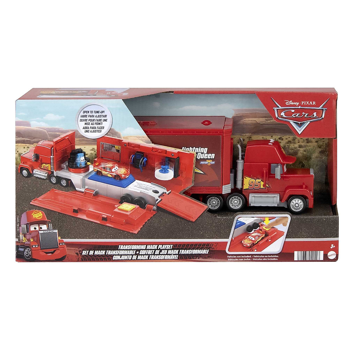 Mattel Disney Cars Toys Transforming Mack Playset, 2-in-1 Toy Truck & Tune-Up Station with Launcher, Lift & More