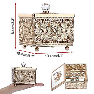 Hipiwe Hollow-carved Metal Jewelry Box with Glass Lid, Gold Mirrored Trinket Organizer Square Treasure Box for Ring Earrings Necklace, Christmas Birthday Gift for Women Girls