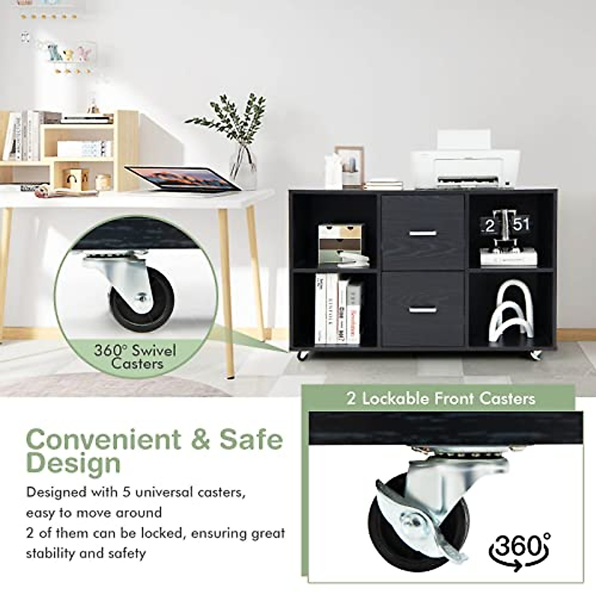 IFANNY 2 Drawer File Cabinet, Lateral Filing Cabinet with Shelves & Wheels, Black Buffet Sideboard, Rolling Storage Cabinet, Wood Cabinets for Home Office, Dining Living Room, Kitchen, Bedroom