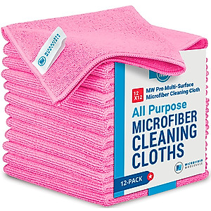 12" x 12" MW Pro Multi-Surface Microfiber Cleaning Cloths | Pink - 12 Pack | Premium Microfiber Towels for Cleaning Glass, Kitchens, Bathrooms, Automotive, Supplies & Products