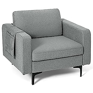 Giantex Single Sofa, Accent Chair, Leisure Chair w/Comfy Thick Cushion, Armrest Magazine Pockets, Metal Legs, Living Room Upholstered Armchair for Bedroom Reception Room