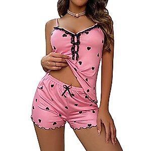 Floerns Women's Contrast Lace Cami Top and Lettuce Trim Bow Knot Shorts Pj Set Light Pink M