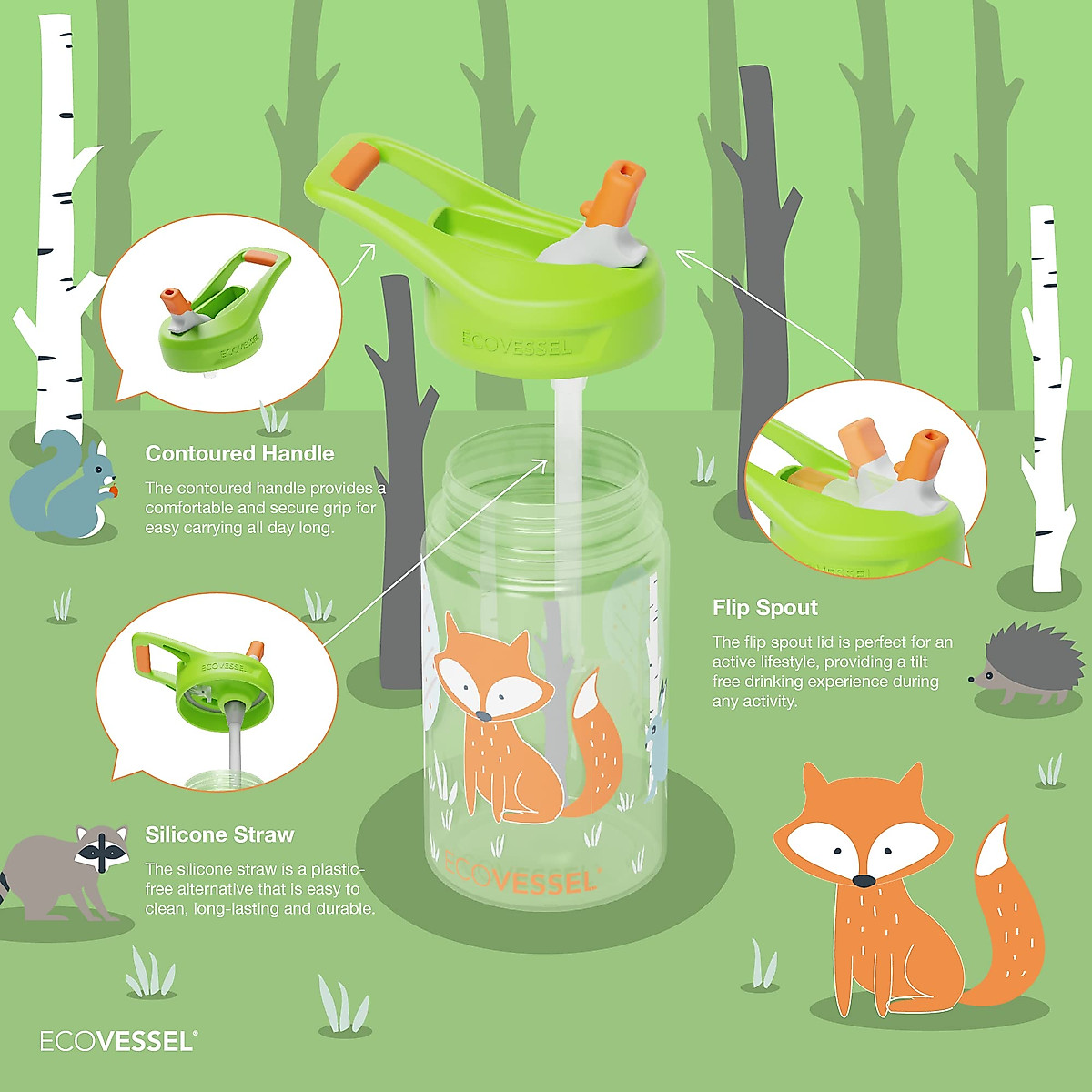 EcoVessel SPLASH Tritan Plastic Kids Water Bottle with Straw, Leak Proof Flip Top Lid, and Carry Handle Kids Cups Sports Water Bottle 12 oz (Underwater)