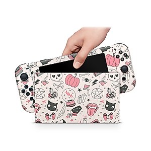 ZOOMHITSKINS Compatible with Switch Skin Cover Magical Pinky Halloween Black Cat Magic Vinyl Decal Sticker Wrap, Made in The USA