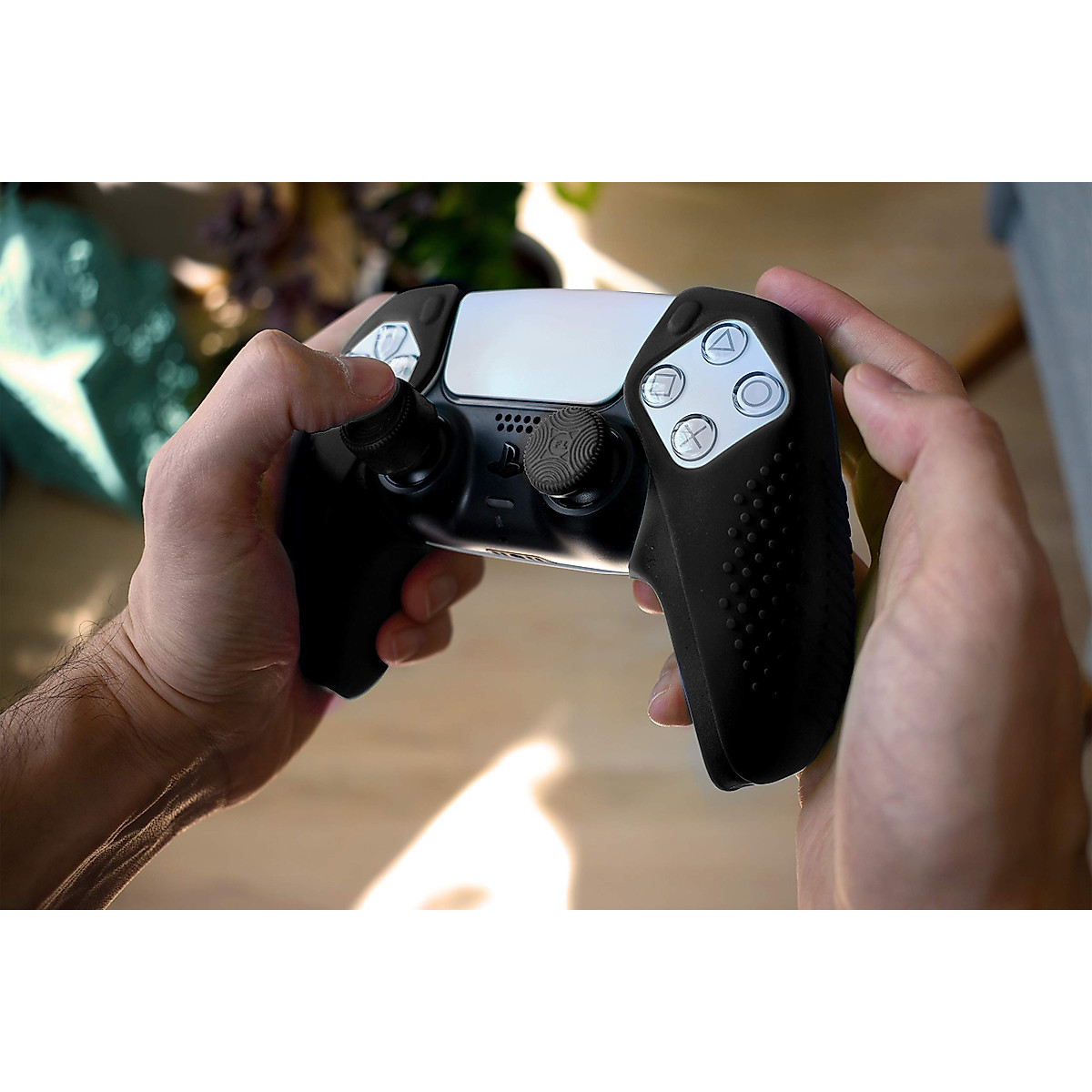 Foamy Lizard SensePro PS5 Controller Skin | Dock Compatible, Soft Flat Anti-Slip Studded Silicone Gel Grip Cover for PlayStation 5 Dualsense, Rubber Protector Plus 8 Raised Thumb Grip Caps (Black)