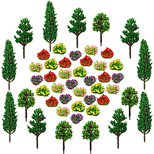 Warmtree 47 Pcs Mini Model Trees Miniature Colorful Flower Cluster,32 Miniature Flowers 15 Mixed Miniature Trees,Miniature Fairy Garden Tree Plant Train Landscape Military Layout Model Dioramas