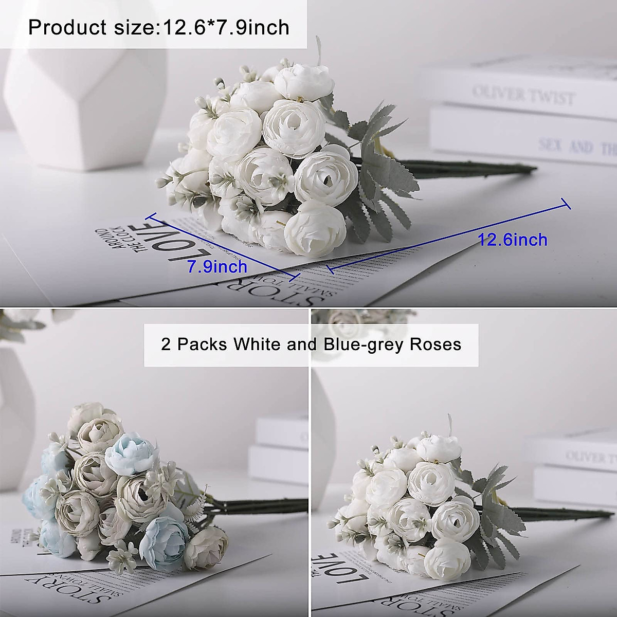 JANESOTO 2 Bundles 36 Artificial Flowers Fake Roses with Stems,Silk Bouquet Home Decorations for Office Table,Garden Party,Bridal,Bedroom,Kitchen Without Vase (White and Blue)