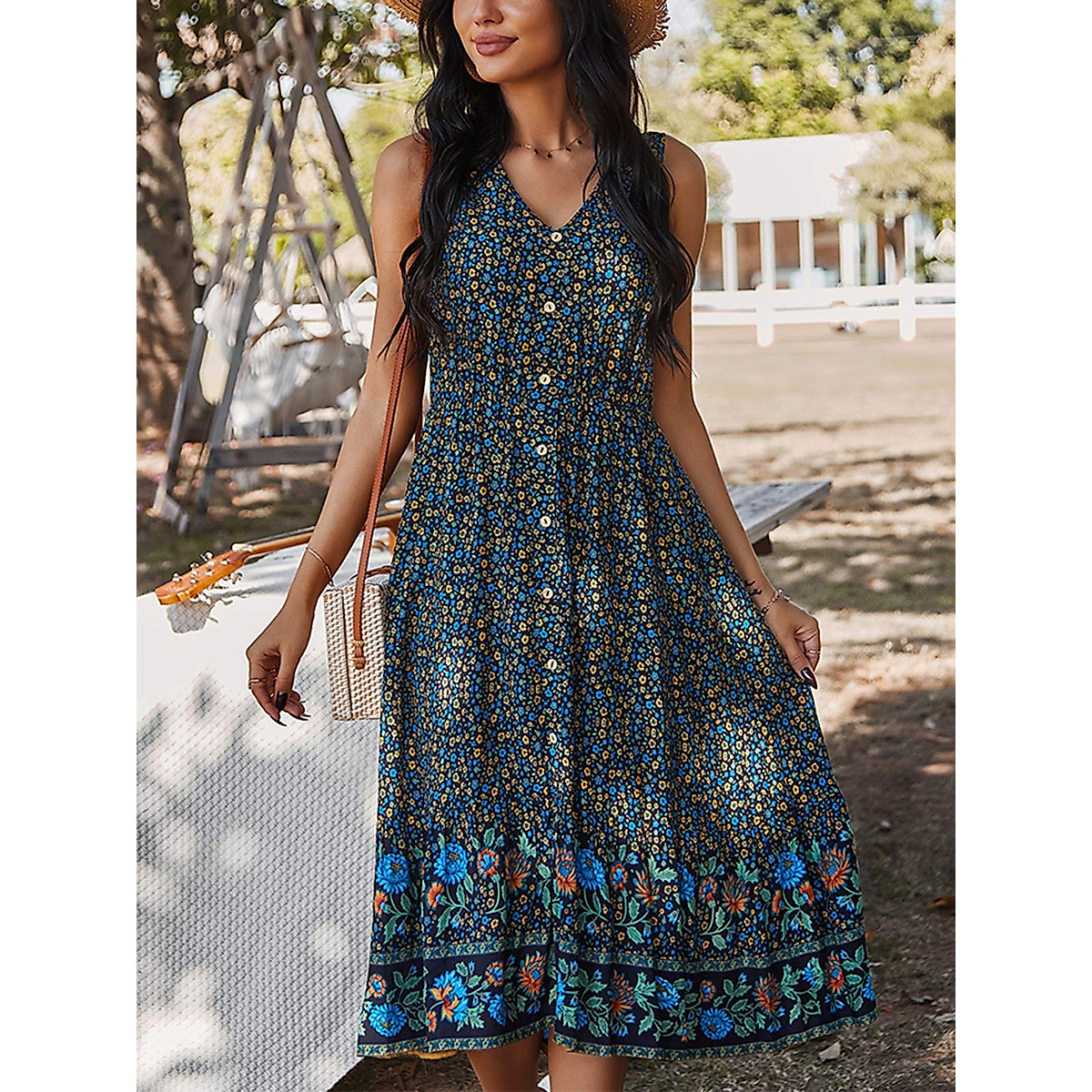 TEMOFON Women Dress Summer Sleeveless Bohemian Floral V Neck Button Down Flowy Boho Dresses 2025 Navy Blue XL