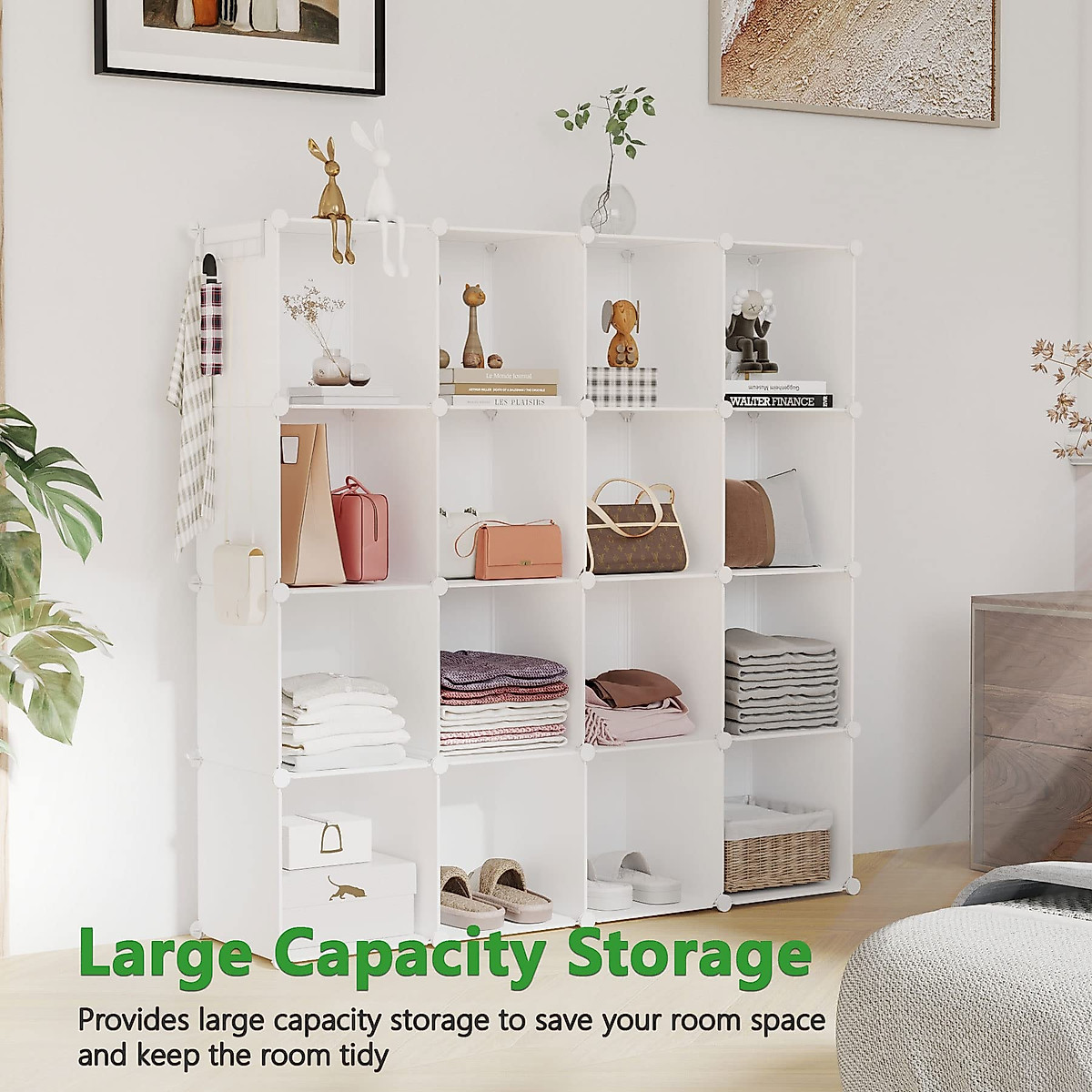 C&AHOME Cube Storage Organizer, 16-Cube Shelves Units, Closet Cabinet, DIY Plastic Modular Book Shelf, Ideal for Bedroom, Living Room, Office, 48.4" L x 12.4" W x 48.4" H Milky UPCS16M