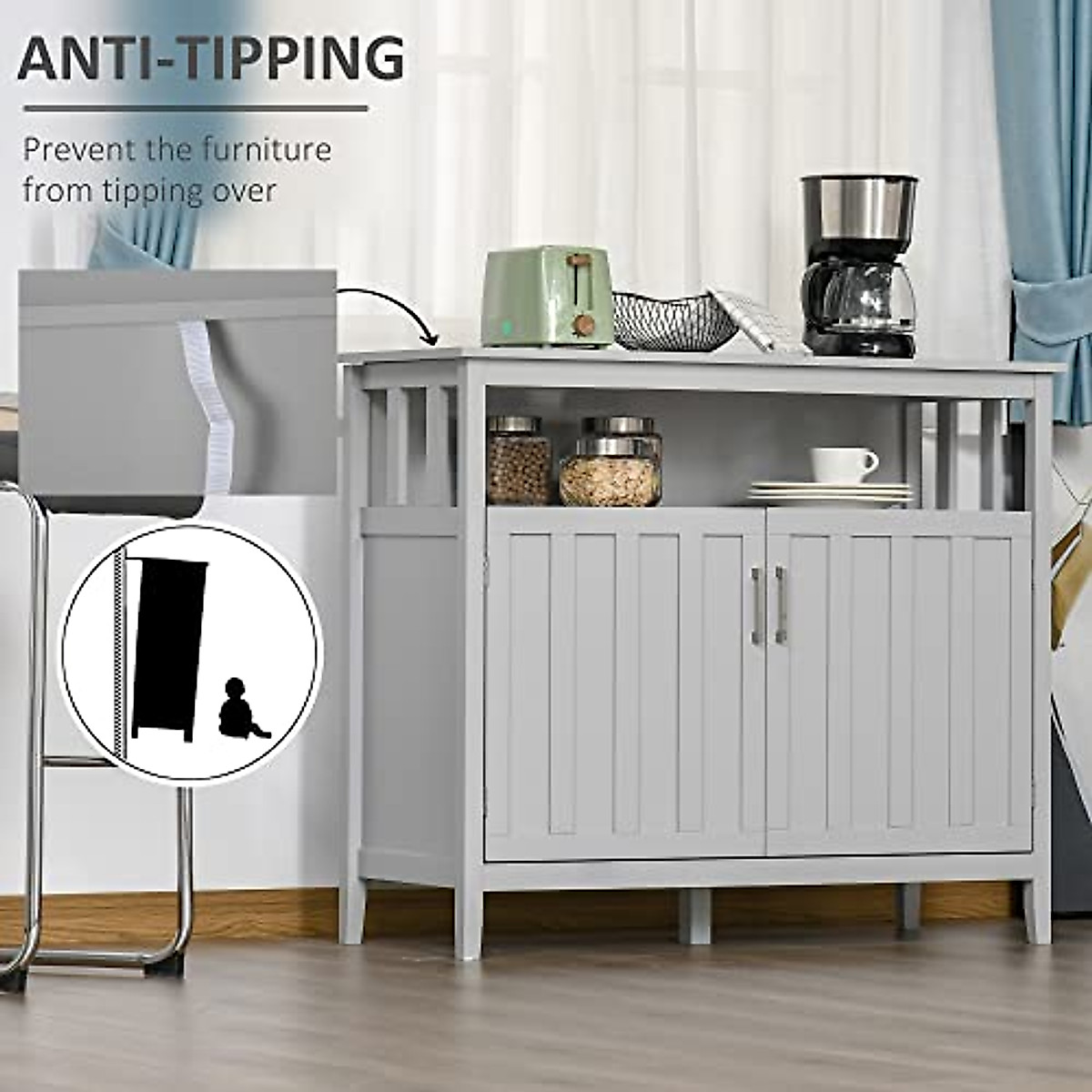 HOMCOM Sideboard Buffet Cabinet, Kitchen Cabinet, Coffee Bar Cabinet with 2 Doors and Adjustable Shelves for Entryway Living Room, Gray