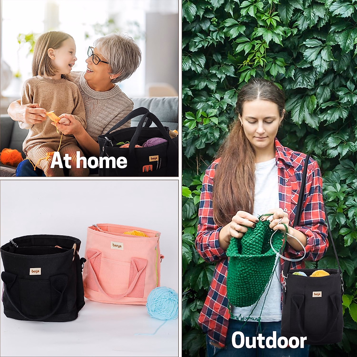 BERYA Crochet Bag and Tote, Canvas Yarn Storage Organizer, Yarn Bag for Crochet Hooks and Accessories, Durable Crochet Bag Organizer for Crochet Lovers, Mother's Day Gift (Black-25)