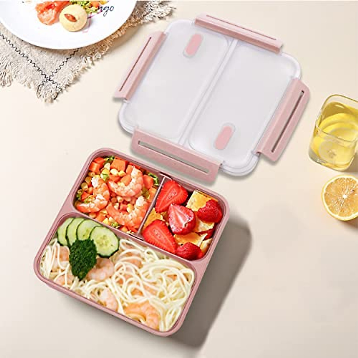 Mektler Wheat Fiber Lunch Boxes, Bento Lunch Box with Devider, 3-Compartments Lunch Food Containers for Meal Prep, Eco-Friendly Bento Lunch Box for School, Traveling, Work (Light Pink)