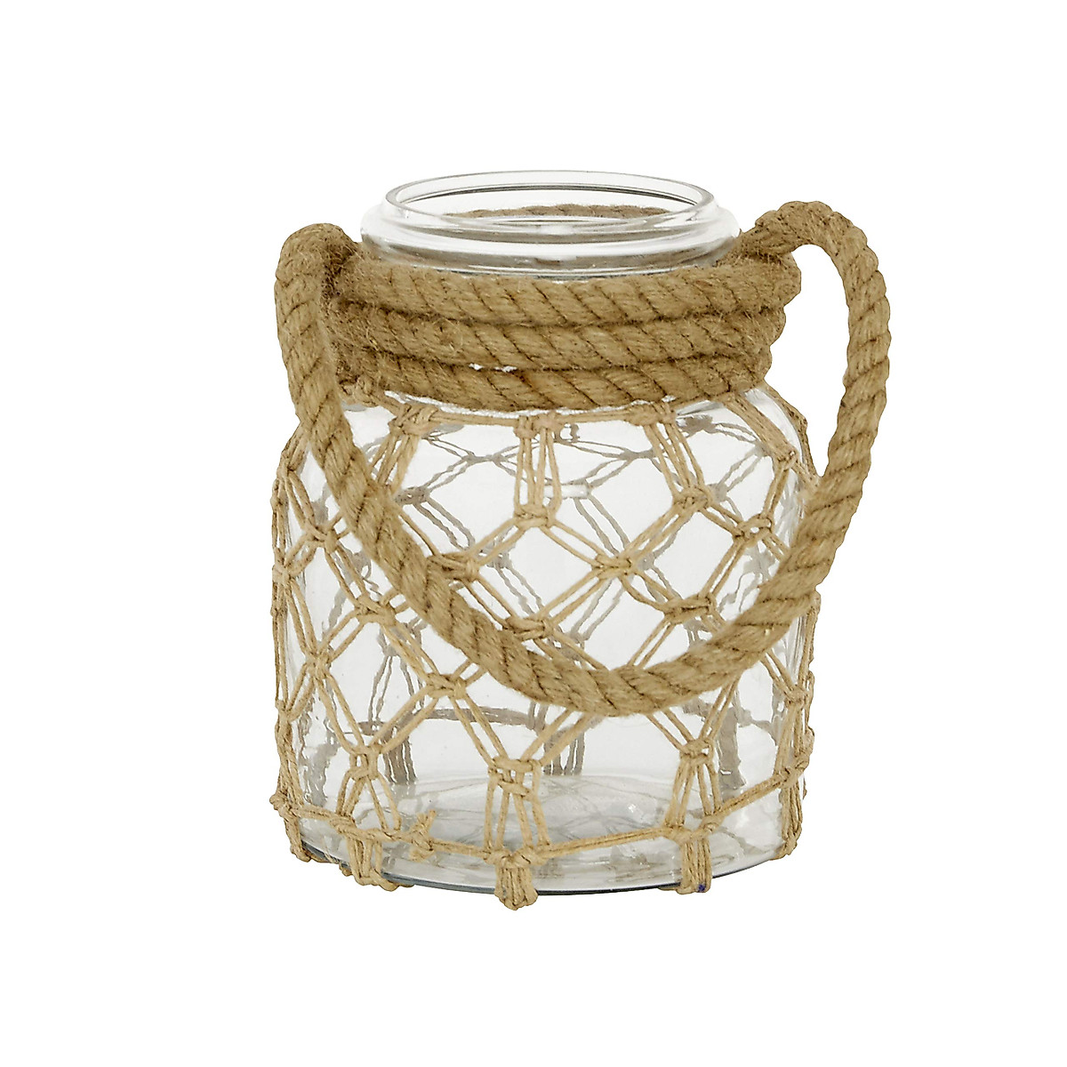 The Novogratz Glass Decorative Candle Lantern with Rope Handle, 7" x 8" x 9", Clear