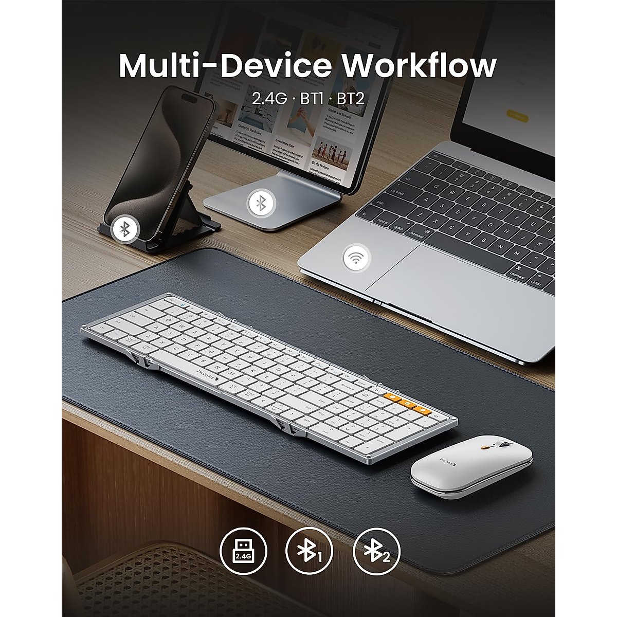 ProtoArc Foldable Keyboard and Mouse, XKM01 True Full-Size Folding Keyboard Mouse Combo for Business and Travel, 2.4G+Dual Bluetooth Portable Mouse Keyboard for Laptop iPads Tablets - White