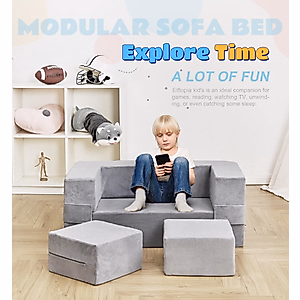 Elftopia Modular Kids Sofa,Toddler Couch Foam Armchair for Kids, Children Convertible Plush Sofa Play Set,Fold Out Sofa Bed(Grey)