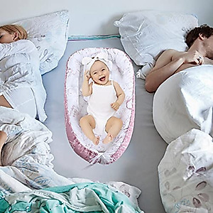 Vohunt Baby Lounger for Newborn,100% Cotton Co-Sleeper for Baby in Bed with Handles,Soft Newborn Lounger Adjustable Size & Strong Zipper Lengthen Space to 3 Tears Old(Elephant Pink)