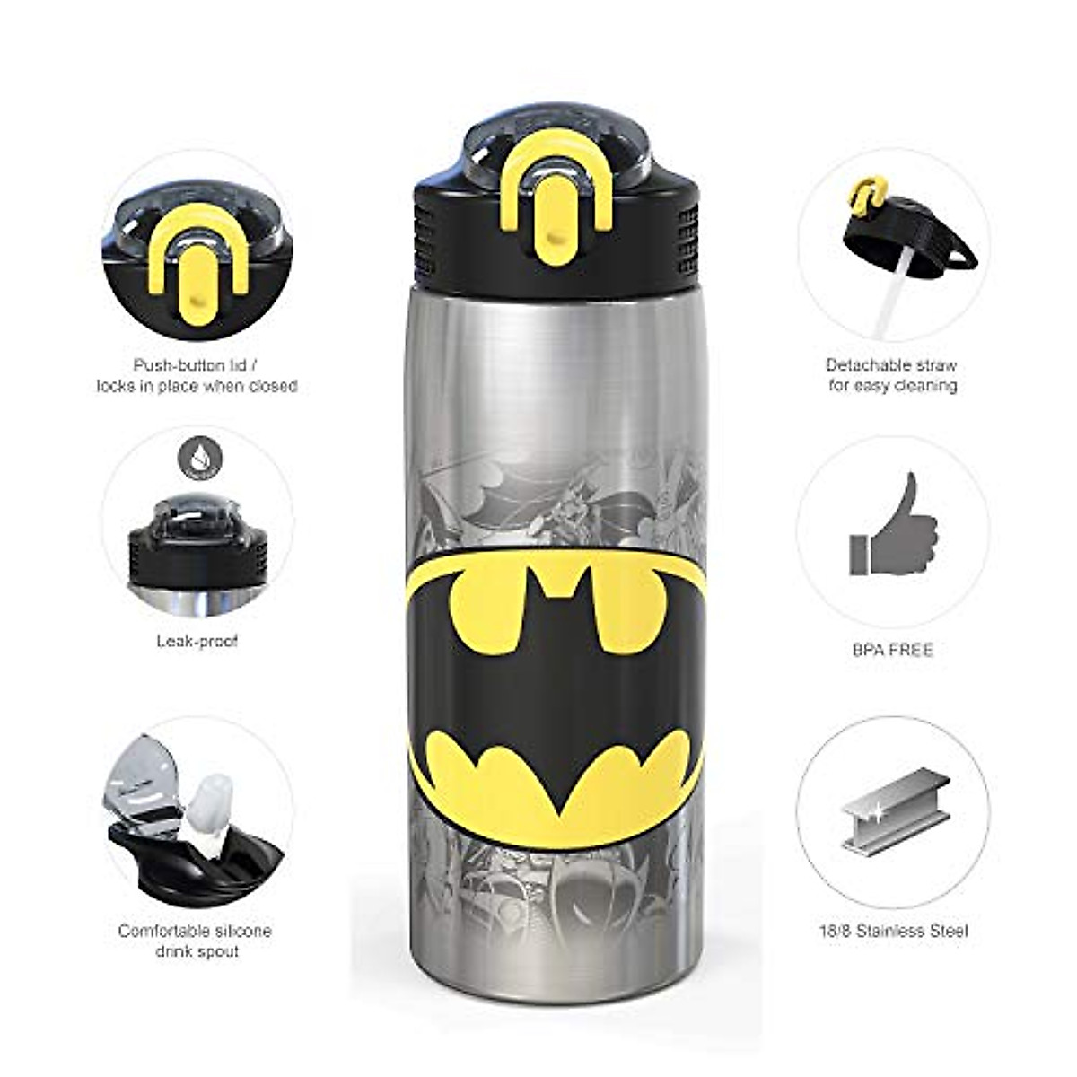 Zak Designs DC Comics Dinnerware 3 Piece Set Includes Plate, Bowl, and Water Bottle, Non-BPA, Made of Durable Material and Perfect for Fans (18/8 Stainless Steel, Batman)