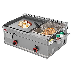CRYBY Gas Griddle, 6L/1.59Gal Stainless Steel Griddle & Deep Fryer Combo Gas Deep Fryer Gas Grill Griddle with Oil Draining Basket, Lid & 3 Spice Boxes, Commercial Griddle with Fryer for RV, Camping