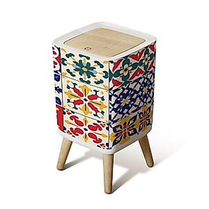 Small Trash Can with Lid Vintage tiles Traditional geometric ornate ceramic tiles seamless Wastebasket with Press Cover Dog Proof Garbage Can Waste Bin for Kitchen Bathroom Nursery 2.6 Gallon