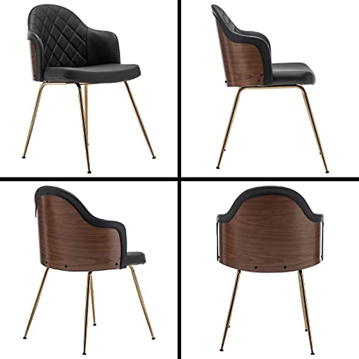 WUPOTO Dining Chairs Set of 2, Modern Upholstered Kitchen & Dining Room Chairs with Golden Metal Legs, Faux Leather Upholstery, Curved Back (Black1)